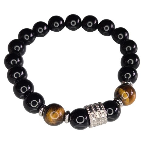 Obsidian W Yellow Tiger Eye Bracelet Stretchcord Silver Hills Gems