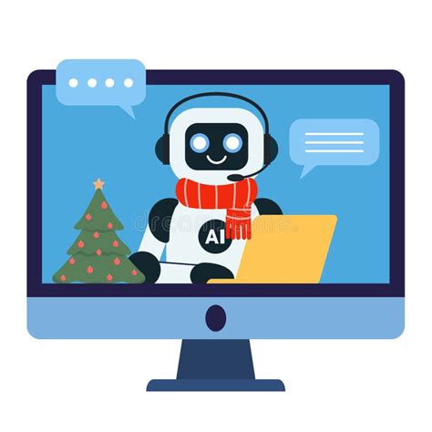 Cute Chat Bot Robot With Yellow Laptop With A Christmas Tree And A Red Scarf On On The Computer