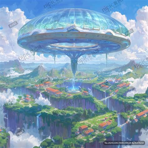 Ai创作图手绘飞碟场馆 天空之城头图 未来飞碟科幻造型 未来人类居住地 科幻题材插画 外星球幻想场景插画 科幻插画风 科幻原画 飞碟形状建筑