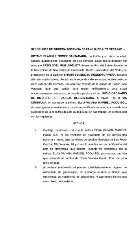 Demanda Ordinario de Divorcio SEÑOR JUEZ DE PRIMERA INSTANCIA DE FAMILIA DE ALTA VERAPAZ