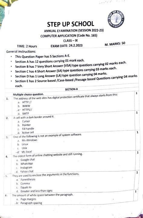 solution class 9 computer applications annual question paper sample