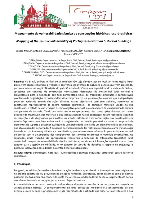 Pdf Mapeamento Da Vulnerabilidade Sísmica De Construções Históricas