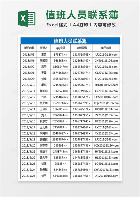 值班人员联系薄表格excel模板下载 熊猫办公