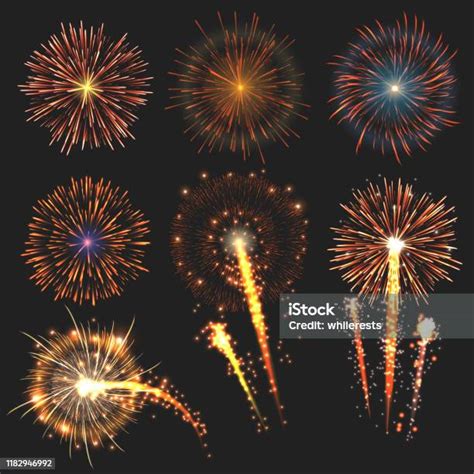검은 배경에 배치 다양한 색상의 컬렉션 축제 불꽃 놀이 붙여넣기에 투명한 격리된 발생 반짝이는 추상적인 모양세트입니다 벡터