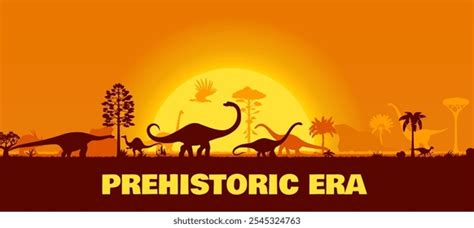 Prehistoric Era Dinosaurs Silhouettes Sunset Landscape Stock Vector