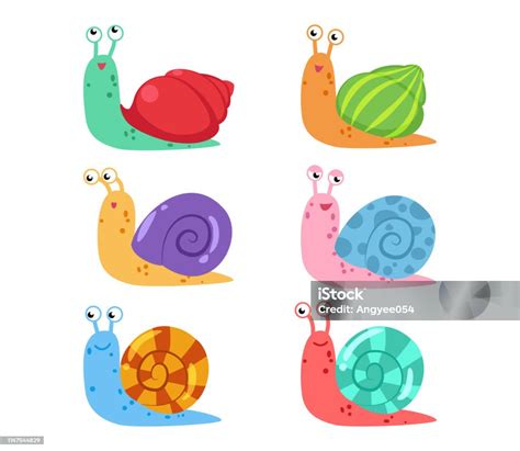 흰색 바탕에 다른 포탄을 가진 귀여운 만화 달팽이 벡터 세트 달팽이에 대한 스톡 벡터 아트 및 기타 이미지 달팽이 민달팽이 복족류 만화 Istock