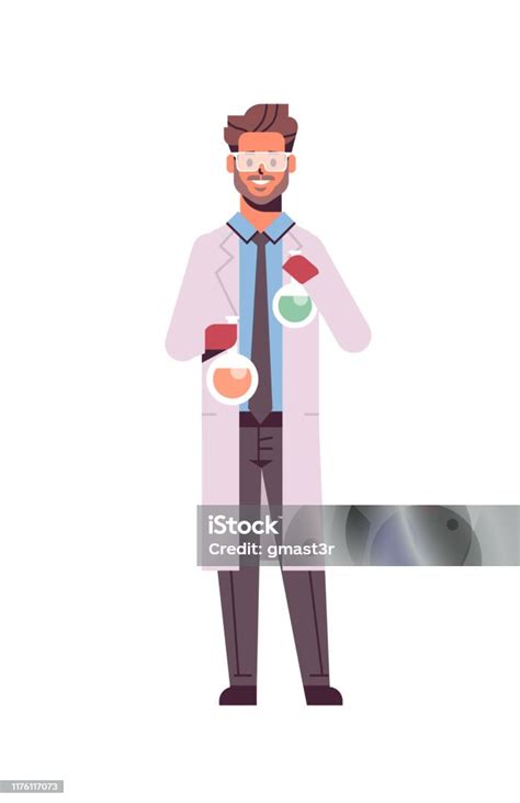 실험실 연구 과학 화학 개념 수직 전체 길이에서 실험을 만드는 플라스크를 균일하게 들고 있는 다채로운 액체 남자와 시험관을 들고 있는 남성 과학자 전신에 대한 스톡 벡터
