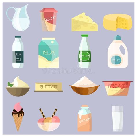 Vector Dairy Products Flat Icons Set Stock Vector Illustration Of
