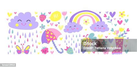 귀여운 비가 오는 요소가 설정되었습니다 유치한 플랫 벡터 일러스트레이션 컬렉션입니다 비오는 구름과 무지개가 하얀 배경에 고립되어 있다 0명에 대한 스톡 벡터 아트 및 기타