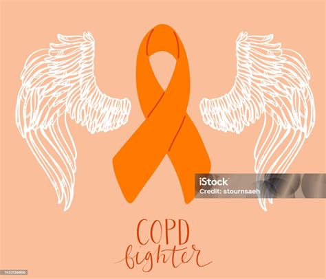 Copd 만성 폐쇄성 폐 질환 인식 월 Novermber 필기 편지 천사 날개가있는 주황색 지원 리본 웹 배너 벡터 11월에