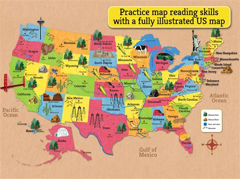 Illustrated Map Of The US Can Be Used As A Reference In The Game Fun