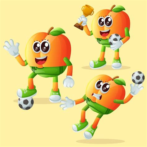 축구를 하는 귀여운 살구 캐릭터 프리미엄 벡터