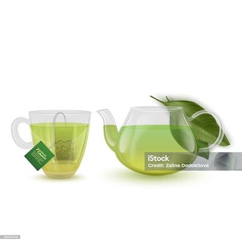 흰색 배경에 고립 된 내부 녹차와 티 백 접시와 접시와 유리 컵 뜨거운 녹차 벡터 형식 0명에 대한 스톡 벡터 아트 및 기타