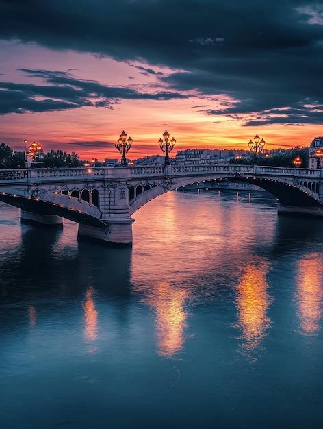 Sunset Casting Golden Glow On Serene River Bridge Premium Ai