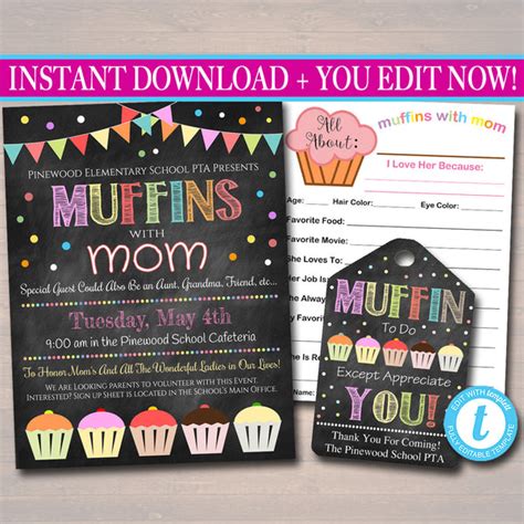 School Muffins With Mom Invite Set And T Tag Template Tidylady Printables