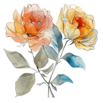 Watercolor Loose Line Art Rose Flower Bouquet Color Water Watercolor