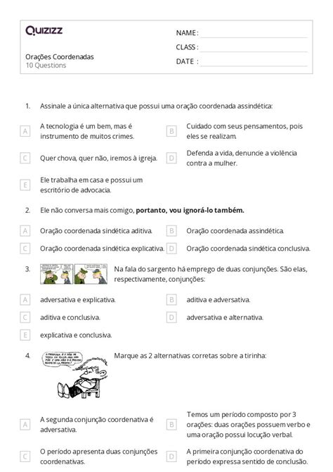 Conjunções coordenativas imprimível 8ª série planilhas Quizizz