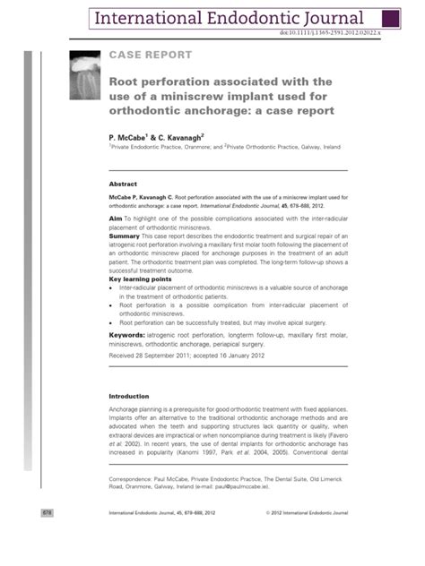 Root Perforation Associated With The Use Of A Miniscrew Implant Used For Orthodontic Anchorage Pdf