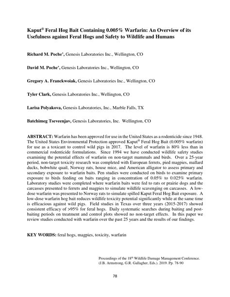 Pdf Kaput ® Feral Hog Bait Containing 0005 Warfarin An Overview Of