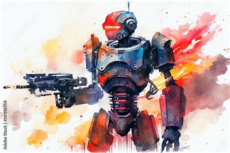 Watercolor Illustration Of A Robot Is Armed Protection Or Evil Robot With Gun Humanoid Robot