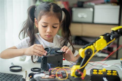 Stem Education Concept Asian Young Girl Learning Robot Design Stock