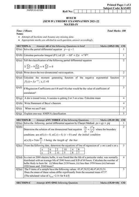 Btech As 4 Sem Maths 4 Kas402 2022 Printed Page 1 Of 3 Subject Code Kas 0 Roll No 0 0 0 0 0