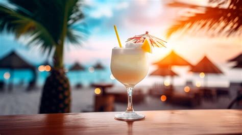 Premium Ai Image Pina Colada Alcohol Cocktail On Table At Beach Cafe