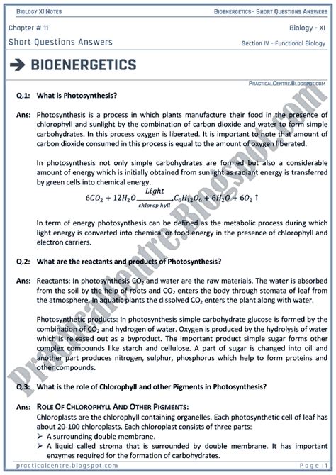 Practical Centre Bioenergetics Short Questions Answers Biology Xi