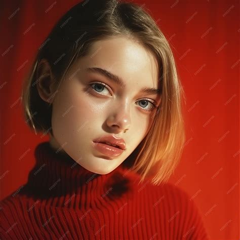 Premium Ai Image Beautiful Girl On A Red Background The Girl In Red