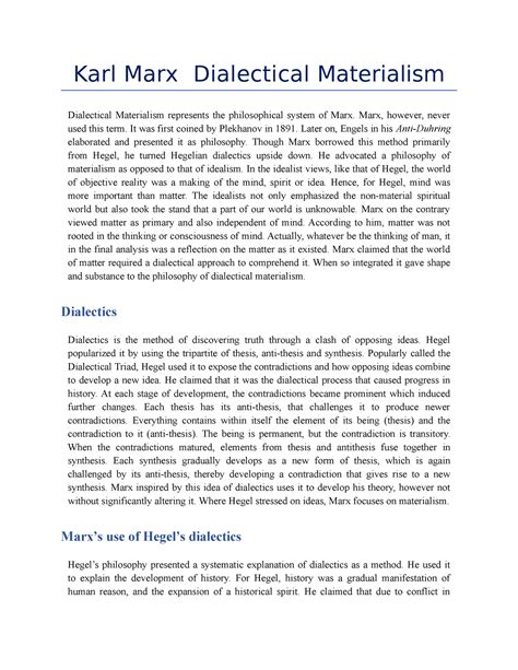 Karl Marx Dialectical Materialism Karl Marx Dialectical Materialism Dialectical Materialism