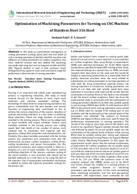 Pdf Irjet Optimization Of Machining Parameters For Turning On Cnc Machine Of Stainless Steel