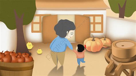 할머니는 손자 농촌 안뜰 정원 연 일러스트 삭 접시 호박 Chongyang 노인 걸립니다 손자 할아버지 국가 안뜰