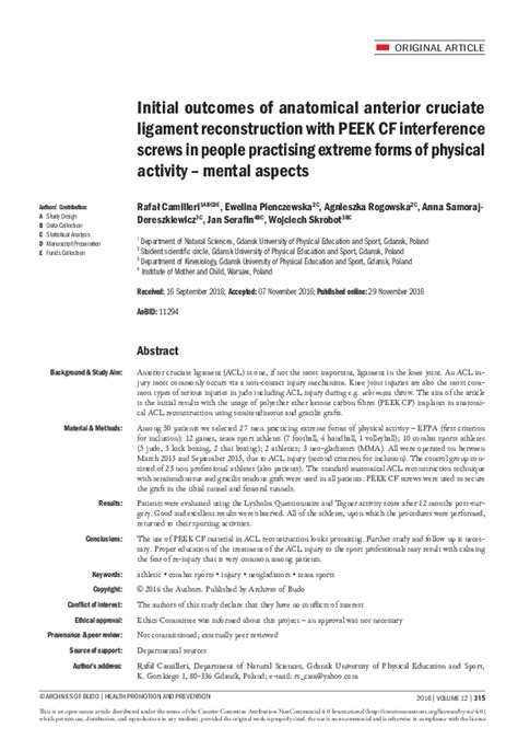 Pdf Initial Outcomes Of Anatomical Anterior Cruciate Ligament