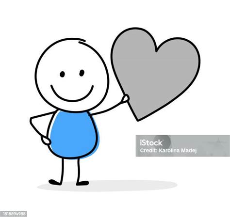 손으로 그린 하트 사랑의 상징 아이콘을 들고 있는 Stickman이 있는 재미있는 개념입니다 만화 스타일의 디자인 벡터 일러스트