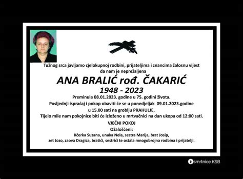 Ana Bralić Rođ Čakarić Osmrtnice Ksb