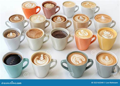 Assorted Coffee Cups With Different Types Of Coffee Showcasing A Variety Of Flavors And Styles