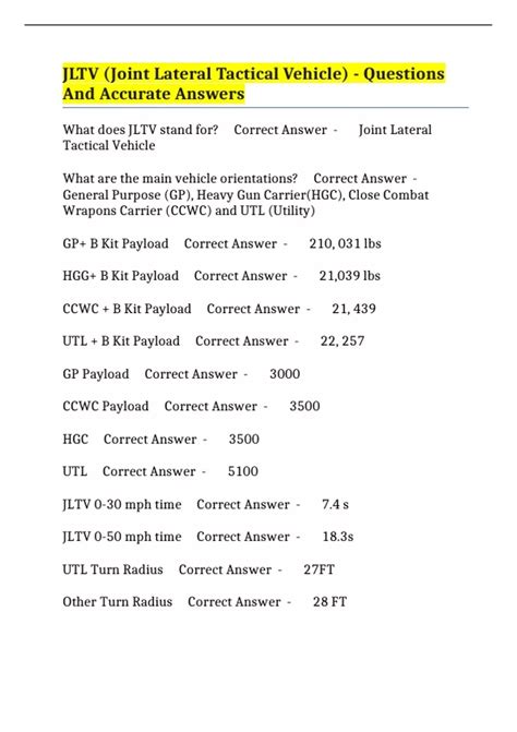 Jltv Joint Lateral Tactical Vehicle Questions And Accurate Answers Jltv Stuvia Uk
