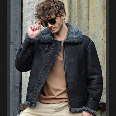 Mens Shearling Flight Jacket Black Sheepskin Coat For Men
