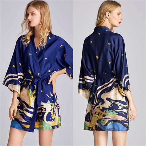 Women Luxury Silk Kimono Robe Bathrobe Nightgown L Vicedeal