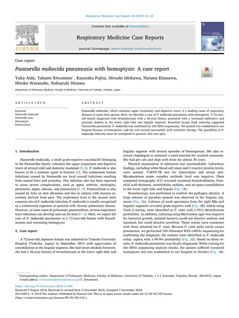 Pasteurella Multocida Pneumonia With Hemoptysis A Case Report Docslib
