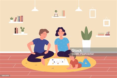 집에서 보드 게임을 하는 가족 만화 부모는 아이와 함께 놀고 시간을 보내고 함께 게임을 합니다 가족에 대한 스톡 벡터 아트 및 기타 이미지 Istock