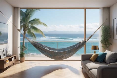 Premium Photo A Drawing Of A Hammock In A Living Room With A View Of The Ocean Generative Ai