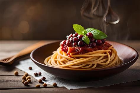 Premium Ai Image A Plate Of Spaghetti With Berries And Coffee Beans