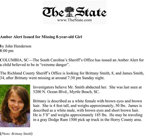 Newspaper News Story Amber Alert Issued For Missing 8 Year Old Girl