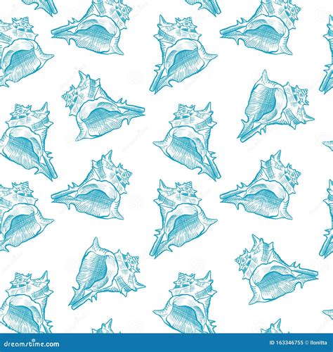 Seashell Mollusk Hand Drawn Seamless Pattern Stock Vector