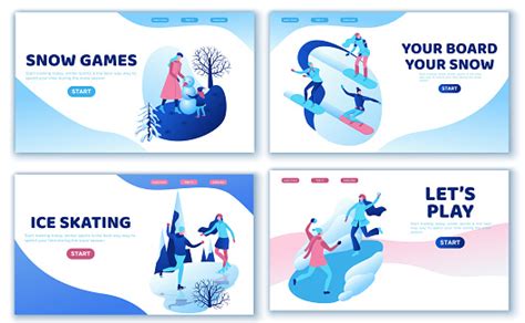 겨울 스포츠 방문 페이지 템플릿 세트 스노우 보드 함께 사람들 Ui 디자인 레이아웃 아이스 스케이팅 간단한 가족 아이소 메트릭 최소 인물 삽화 벡터 스포츠 스케이트장 튜브