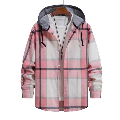 Xysaqa Plaid Shirt For Men Long Sleeve Regular Hooded Casual Button