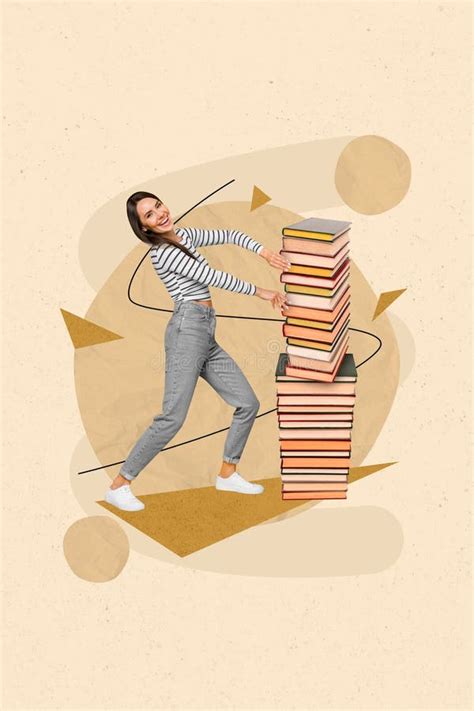 Vertical Collage Image Of Cheerful Mini Girl Arms Hold Touch Big Pile