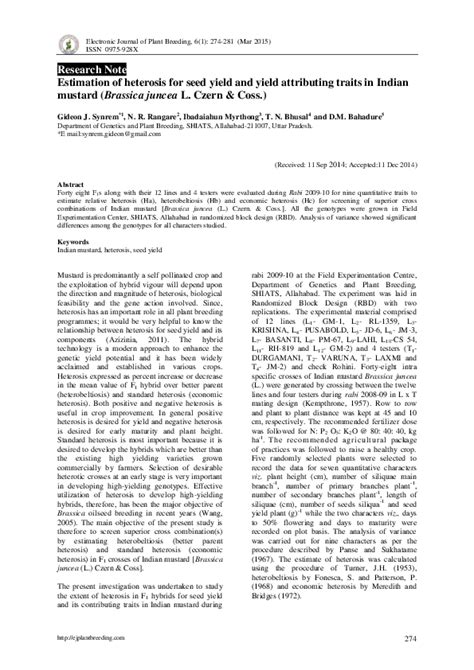 Pdf Heterosis Estimation In Seed Yield Of Indian Mustard
