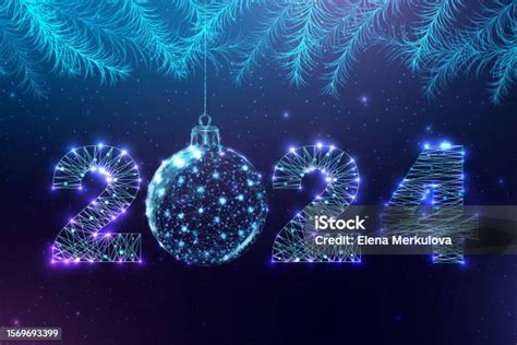 엽서 새해 복 많이 받으세요 2024 낮은 폴리 크리스마스 공과 전나무 가지 다각형 와이어프레임의 숫자입니다 어두운 배경에 추상적인 벡터 그림 0명에 대한 스톡 벡터 아트